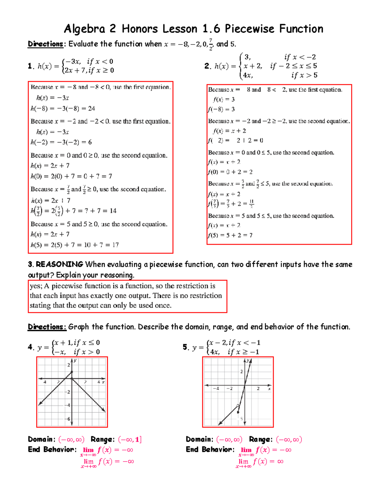 HW 1 - algebra 2 lesson 1.6 - Algebra 2 Honors Lesson 1 Piecewise Function Directions: Evaluate ...