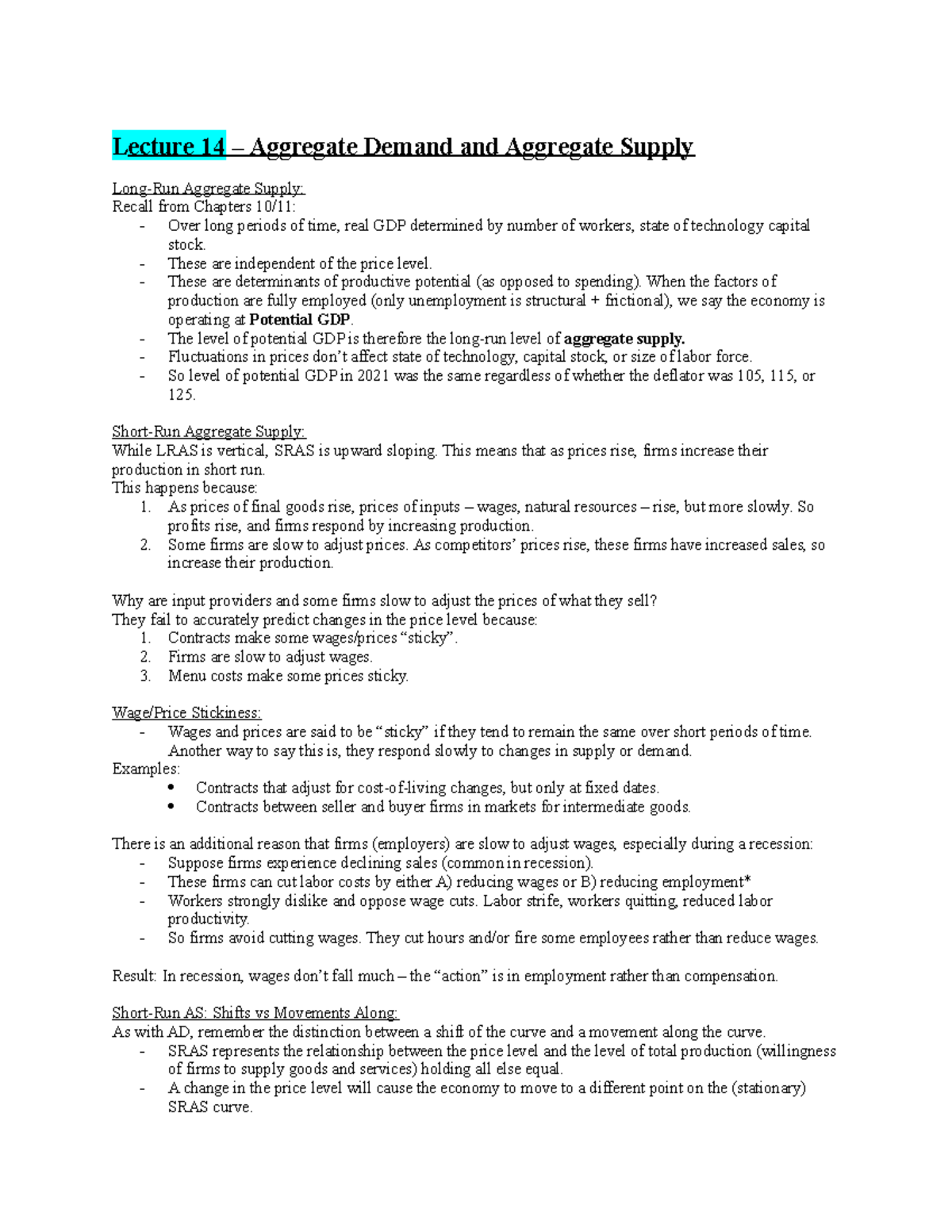 Lecture 14 macro - Lecture 14 – Aggregate Demand and Aggregate Supply ...