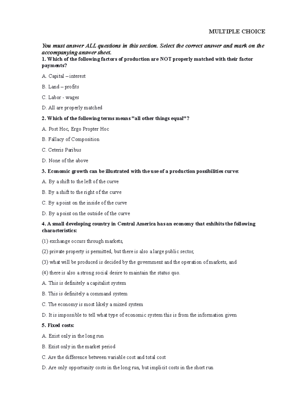 1 - Microeconomics 2 - MULTIPLE CHOICE You must answer ALL questions in ...