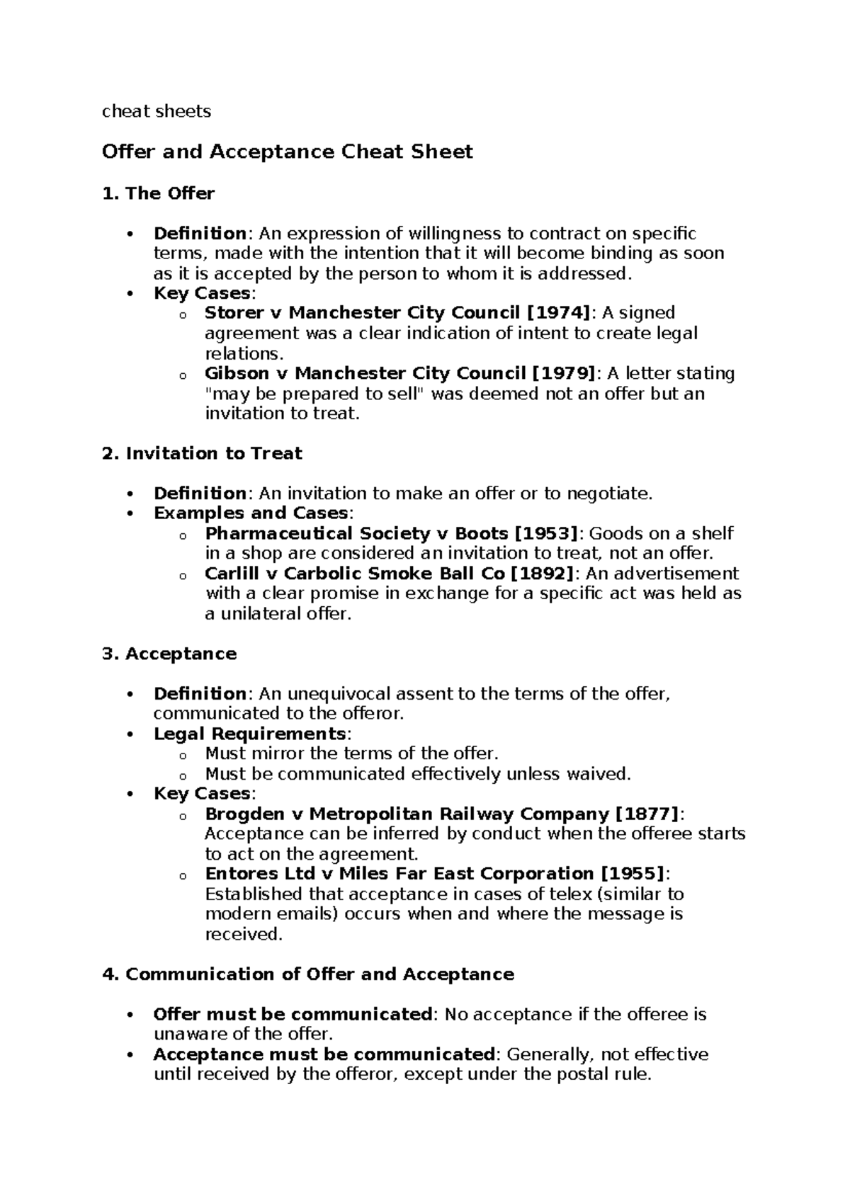 Cheat sheets - cheat sheets Offer and Acceptance Cheat Sheet 1. The ...