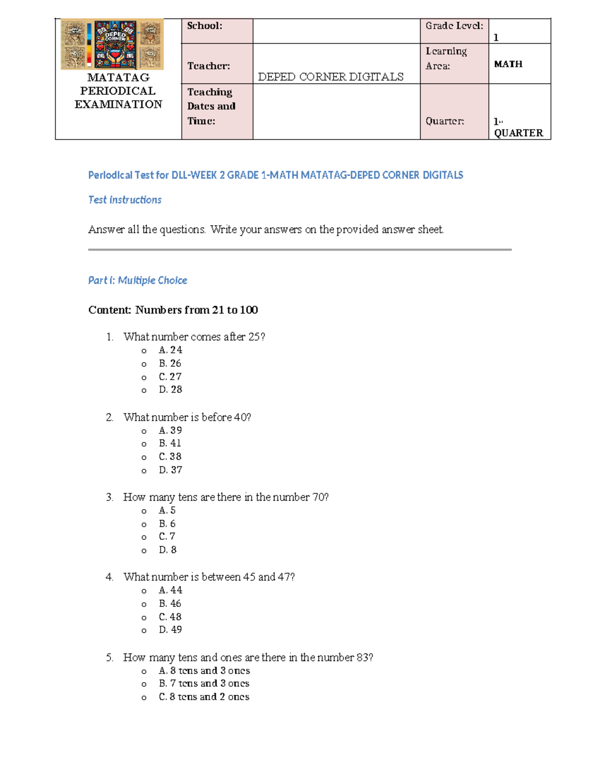 PT-WEEK 2-MATH - Deped Corner Digitals - Periodical Test for DLL-WEEK 2 ...