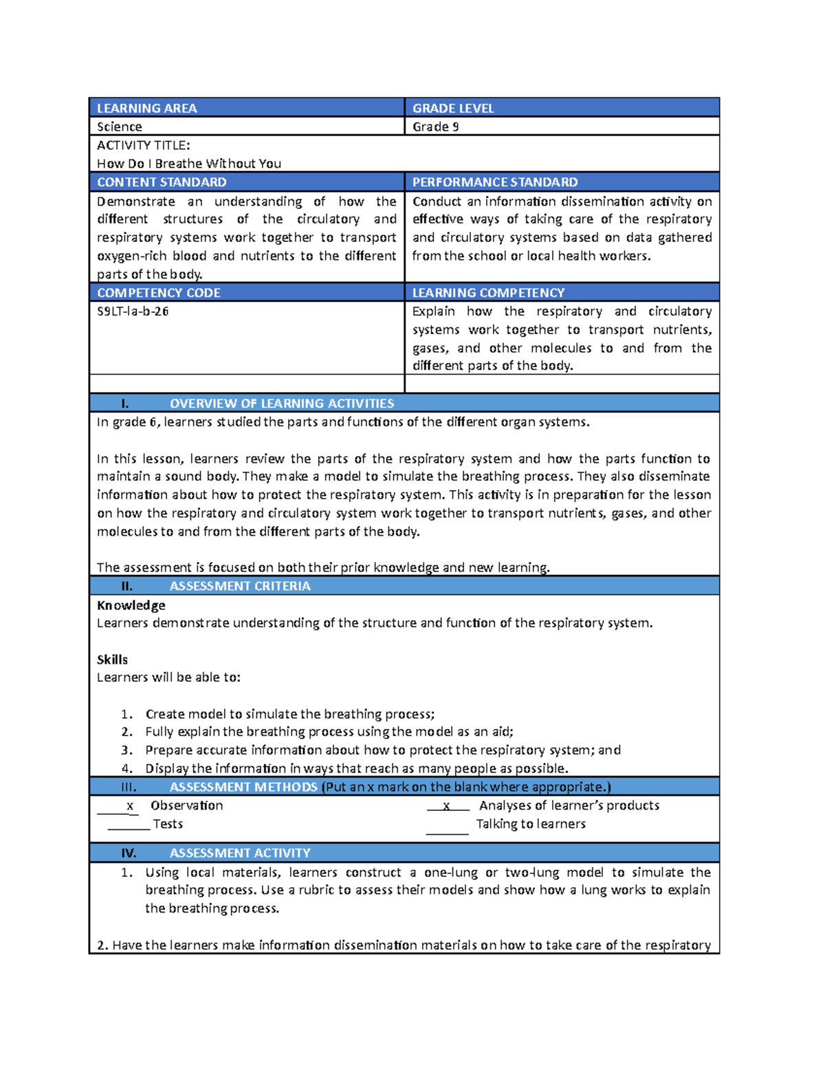 Task4 - Assessment task 4 - LEARNING AREA GRADE LEVEL Science Grade 9 ...