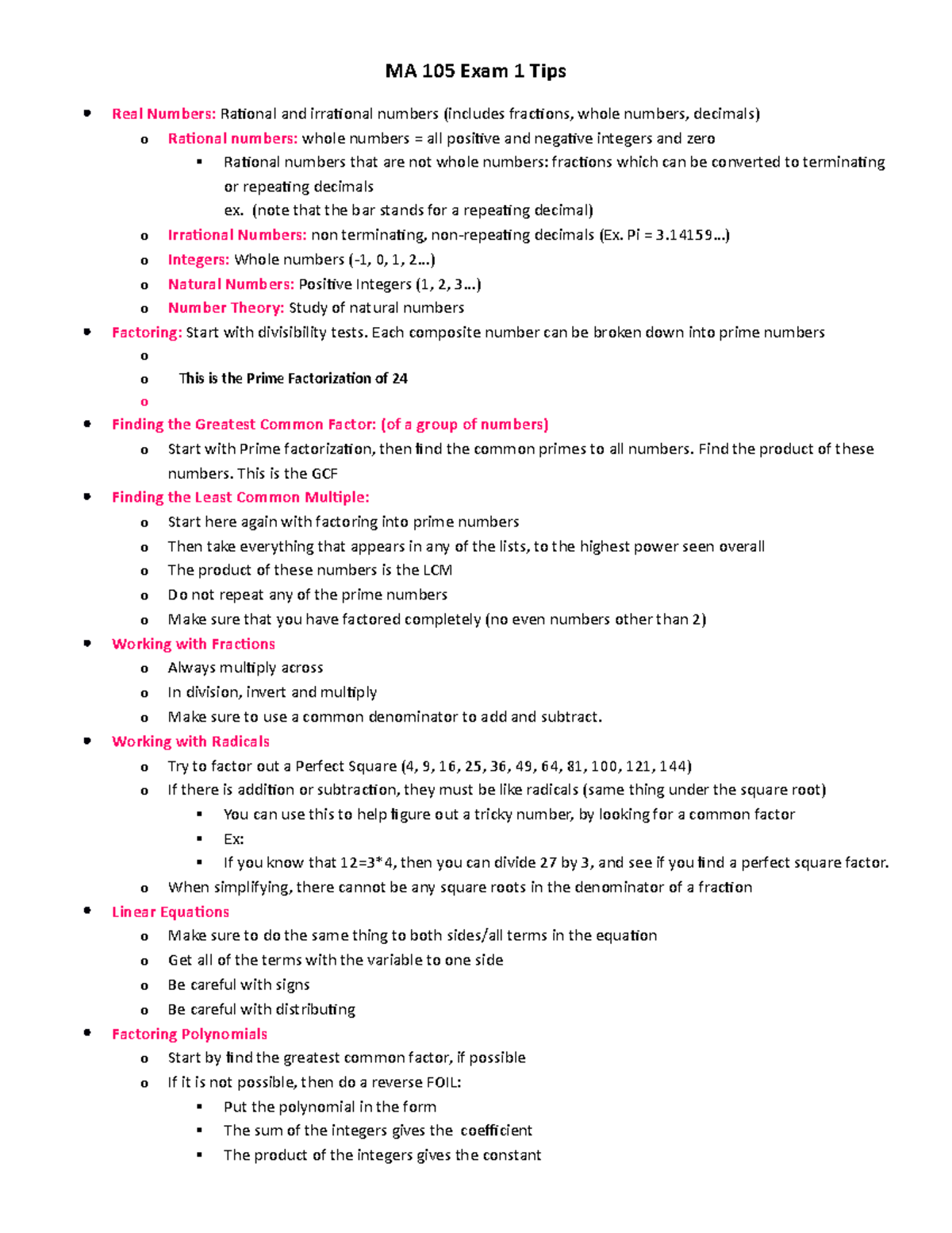 Exam 1 Review Sheet - MA 105 Exam 1 Tips Real Numbers: Rational and ...