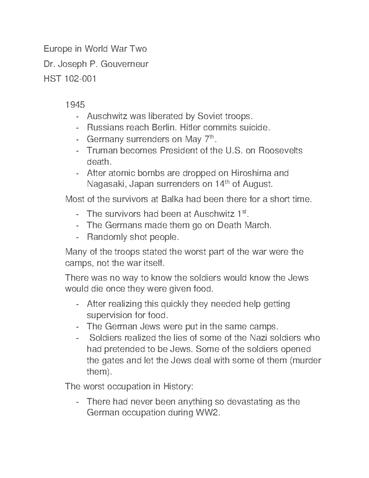 HST 102-001 History Europe WW2 1945-end - Europe in World War Two Dr ...