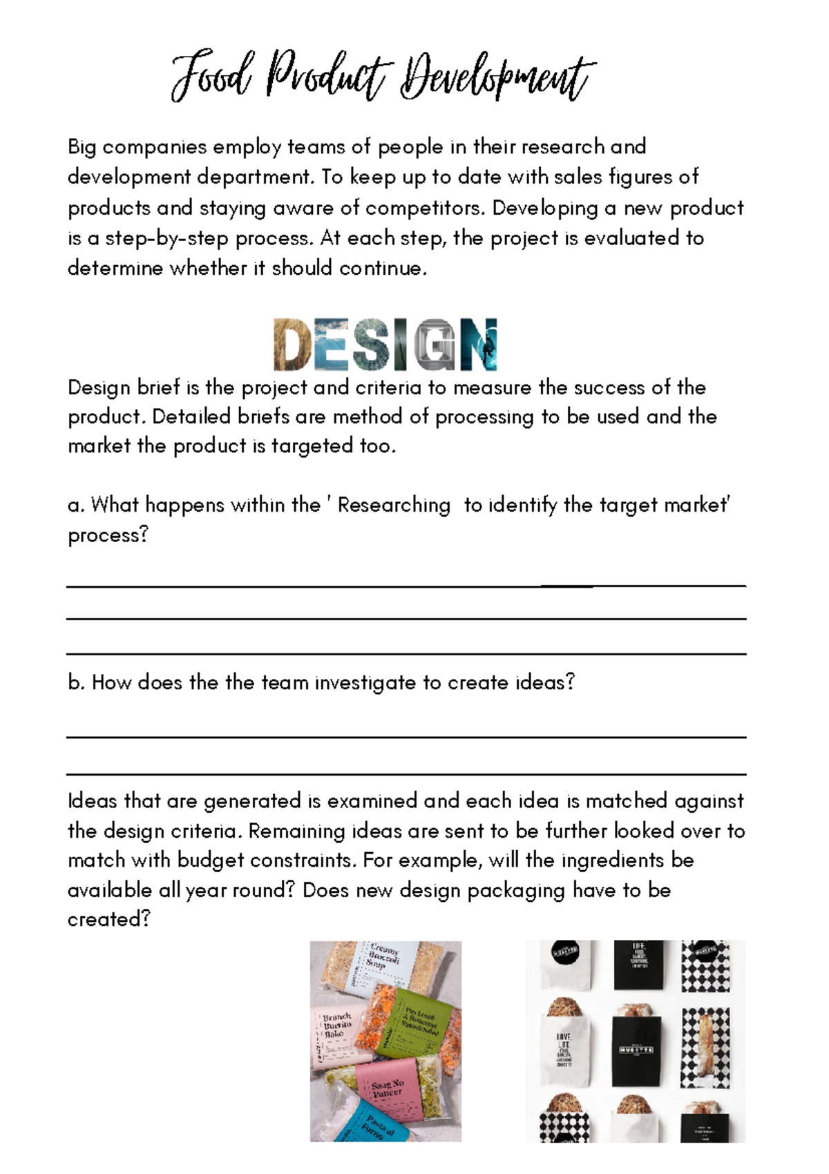 Food Product Development - Design brief is the project and criteria to ...