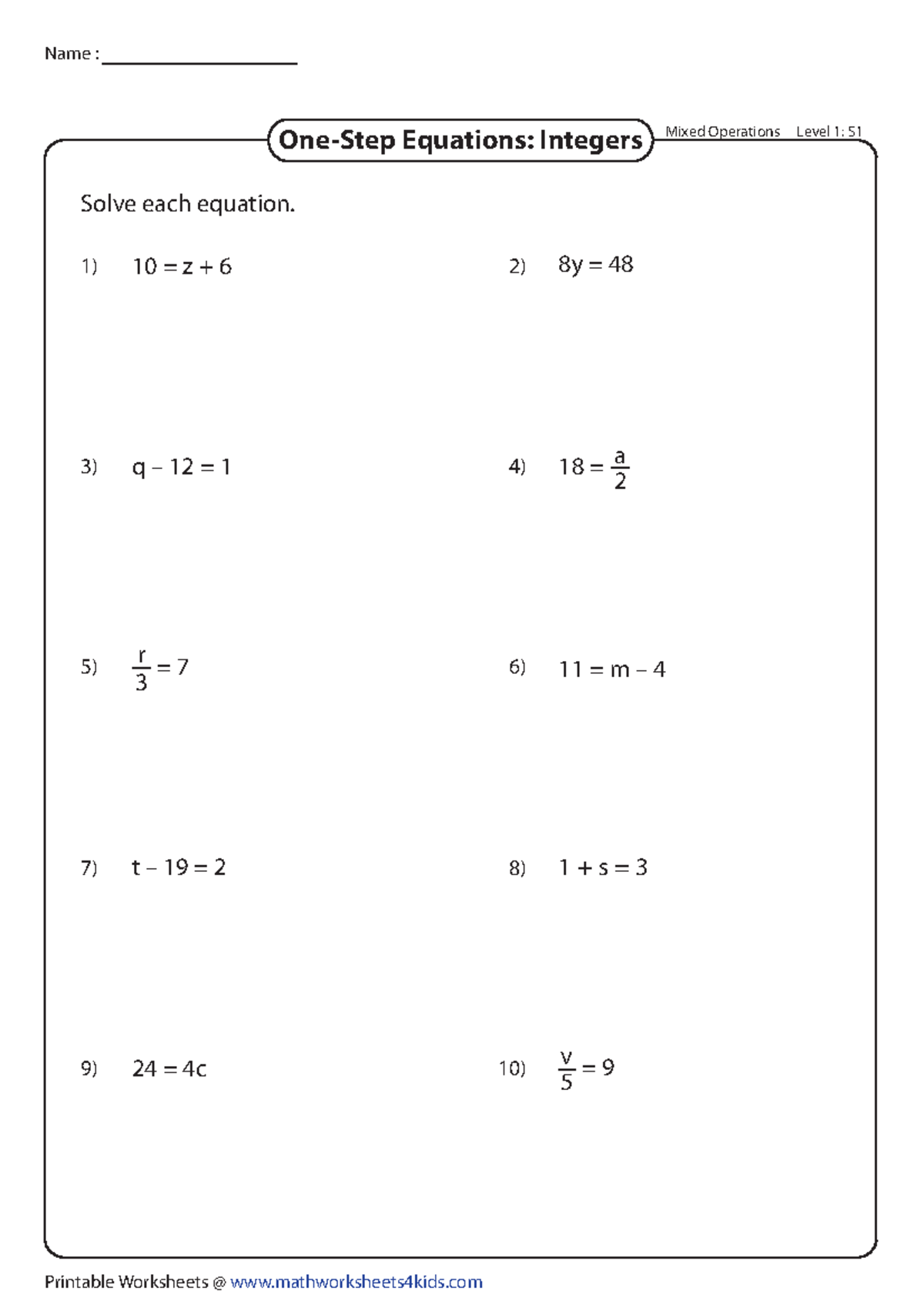 One step Equations Integers 3 Q 12 1 9 24 4c Solve Each