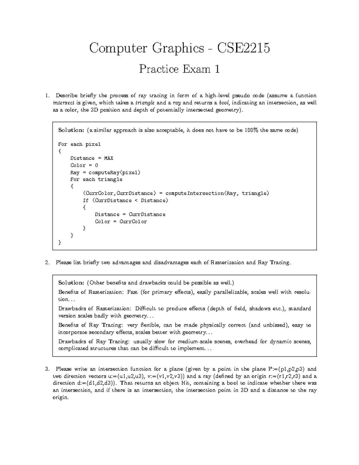Computer Graphics practice exam 1 solutions - Computer Graphics - CSE Practice Exam 1 Describe ...