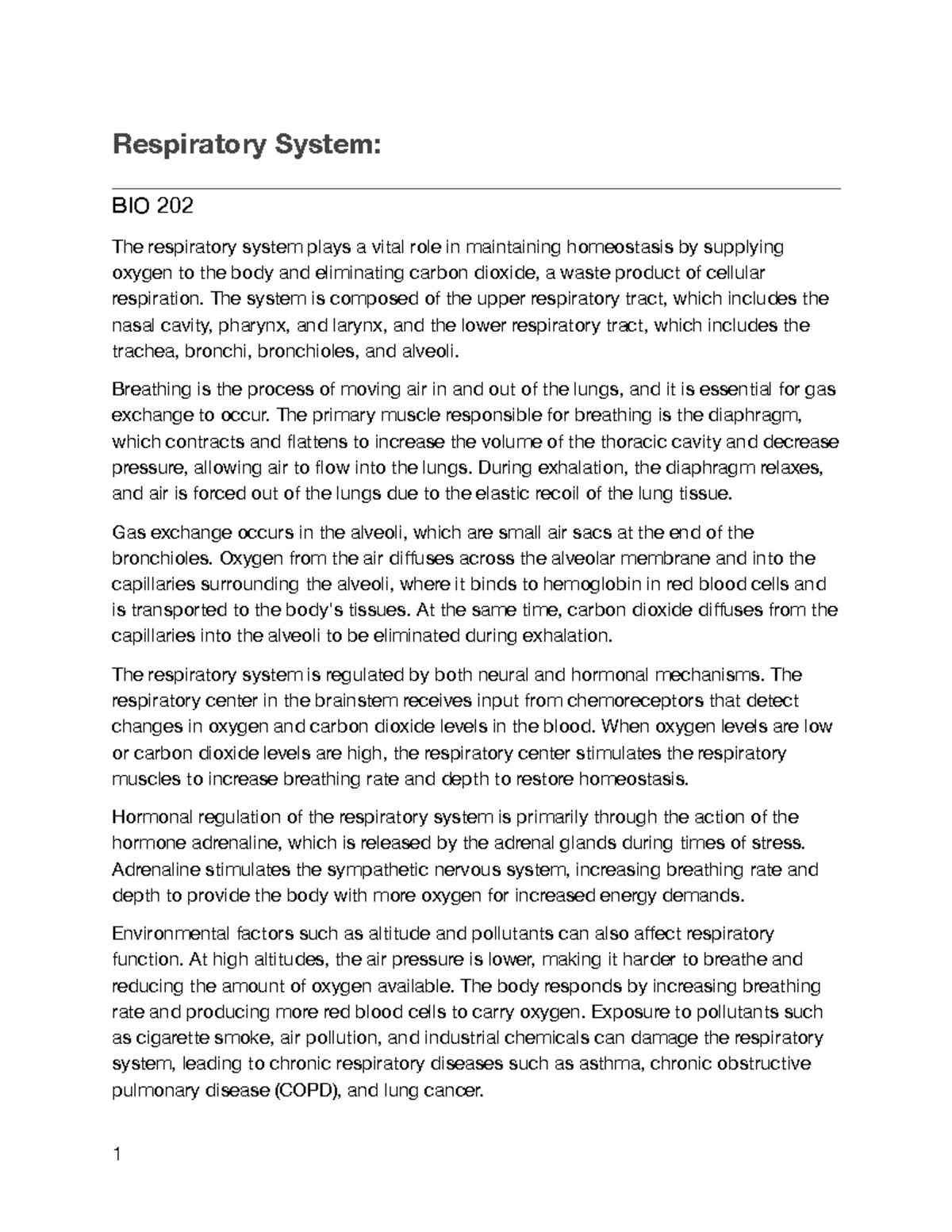 Respiratory System Notes - Respiratory System: BIO 202 The respiratory ...