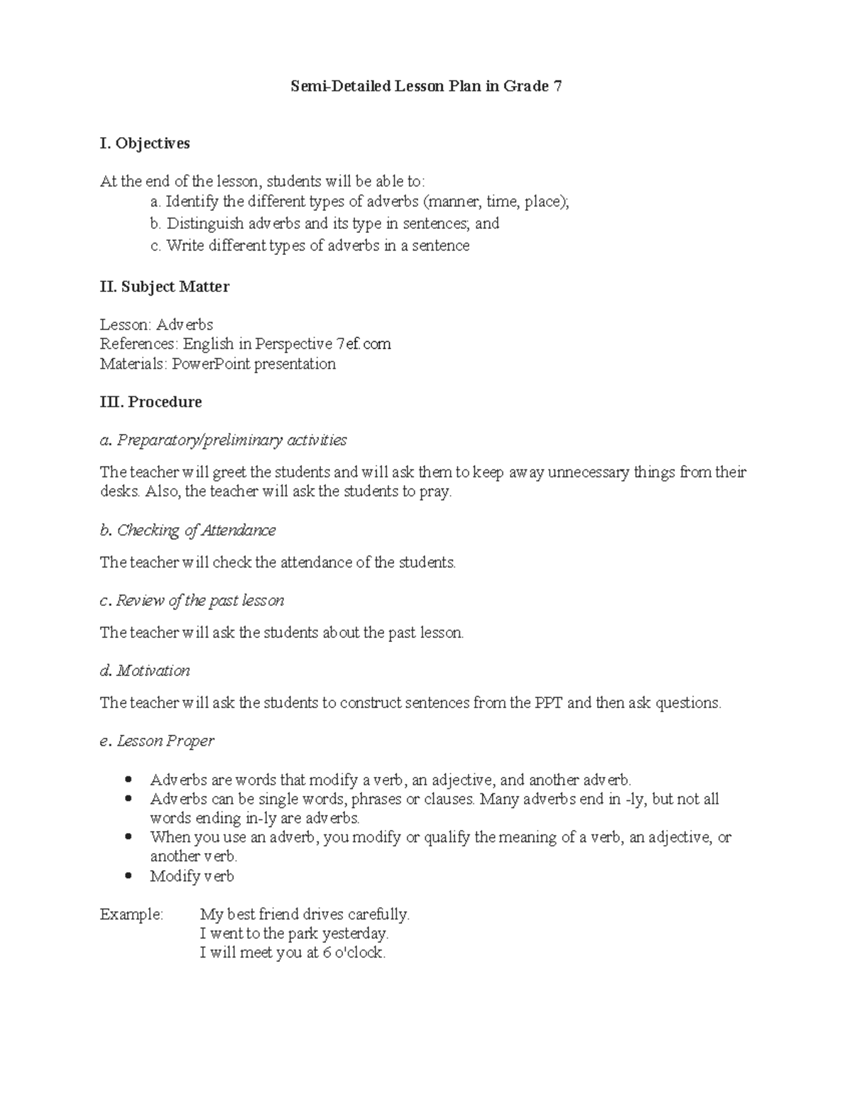 Lesson PLAN22 - sdga - Semi-Detailed Lesson Plan in Grade 7 I ...