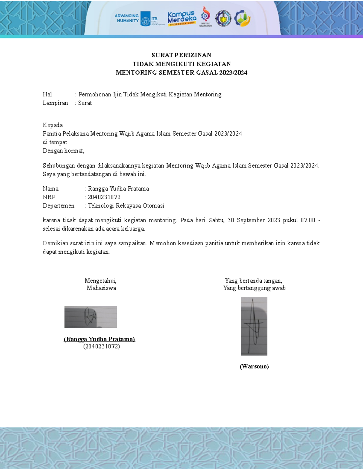 Surat IZIN Mentoring Semester Gasal 2023 2024 - SURAT PERIZINAN TIDAK ... Surat IZIN Mentoring Semester Gasal 2023 2024 - SURAT PERIZINAN TIDAK ...