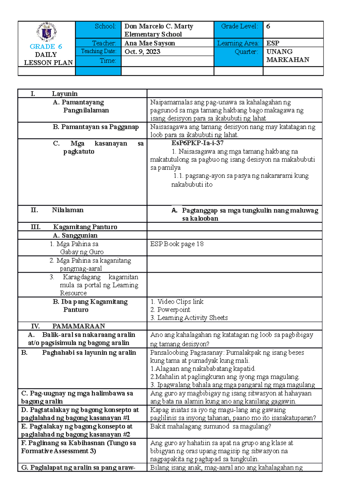 ESP6 quarter 1 week 7 - GRADE 6 DAILY LESSON PLAN School: Don Marcelo C ...