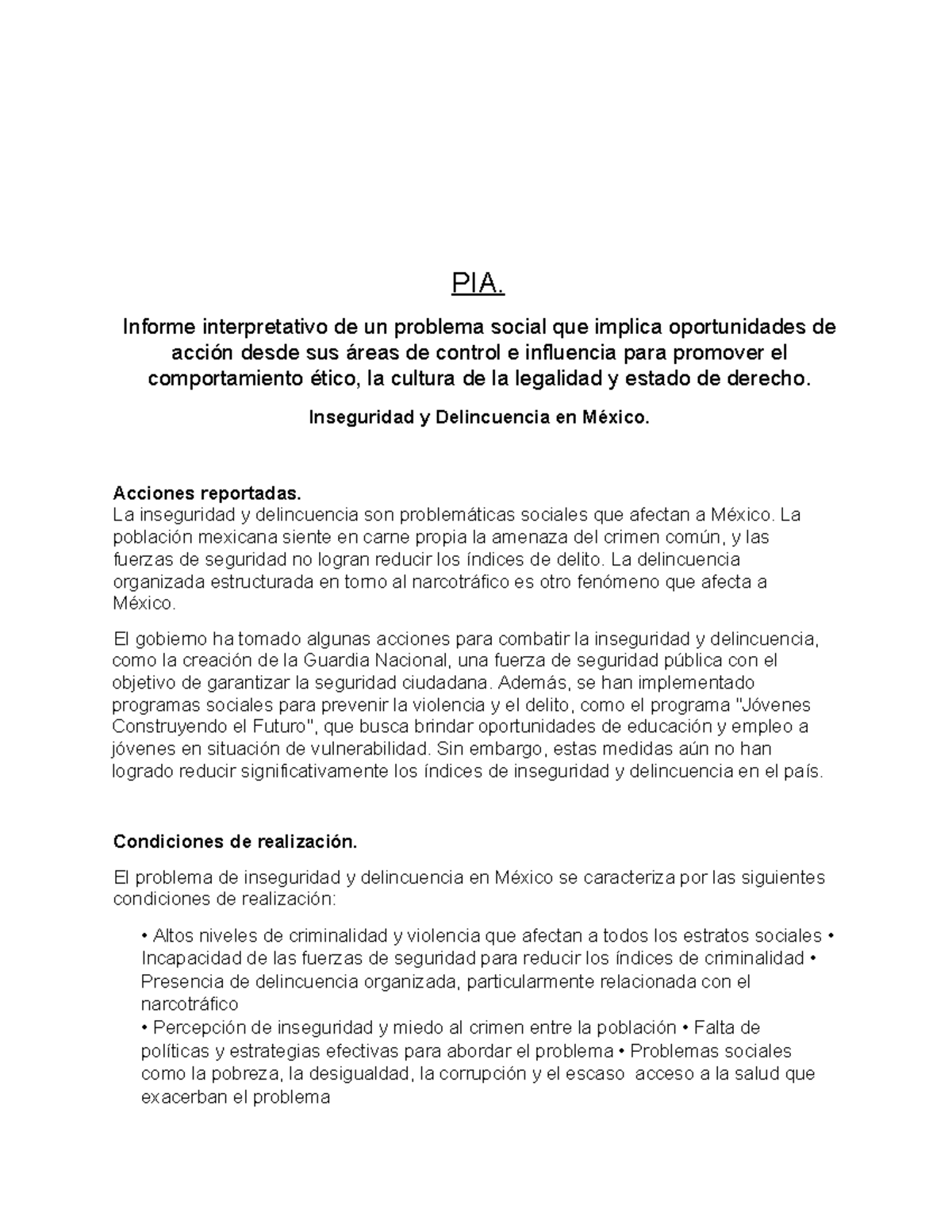 PIA Etica y Cultura de la Legalidad - PIA. Informe interpretativo de un ...