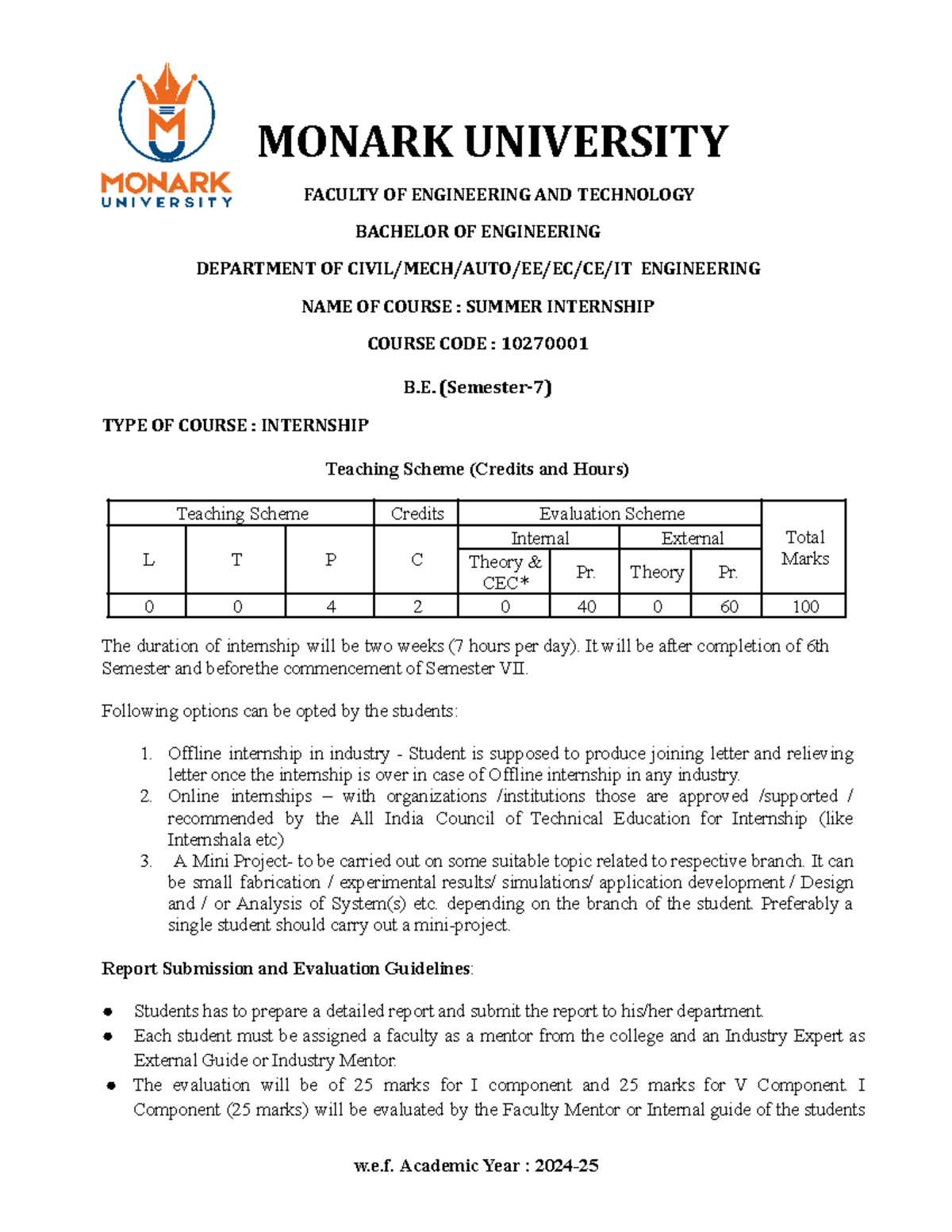 Internship Syllabus OF BE SEM-7 - MONARK UNIVERSITY FACULTY OF ...