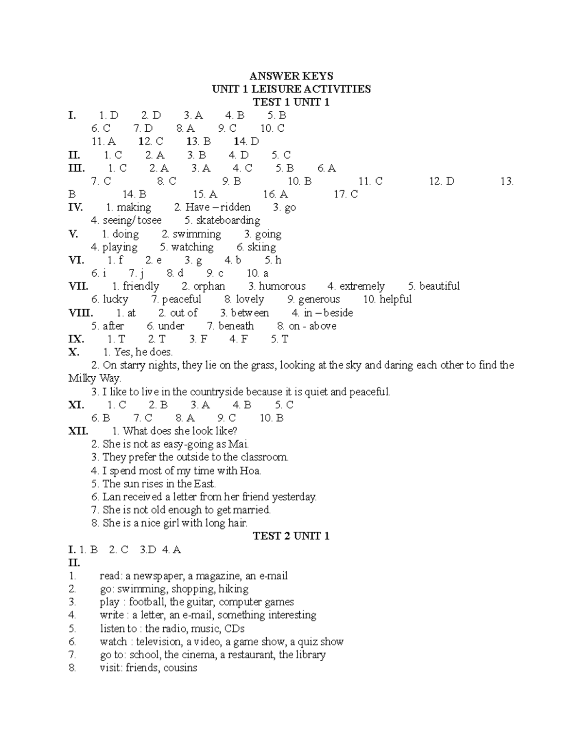 Ôn tập và kiểm tra học kì tiếng anh 8 Đáp án - ANSWER KEYS UNIT 1 ...