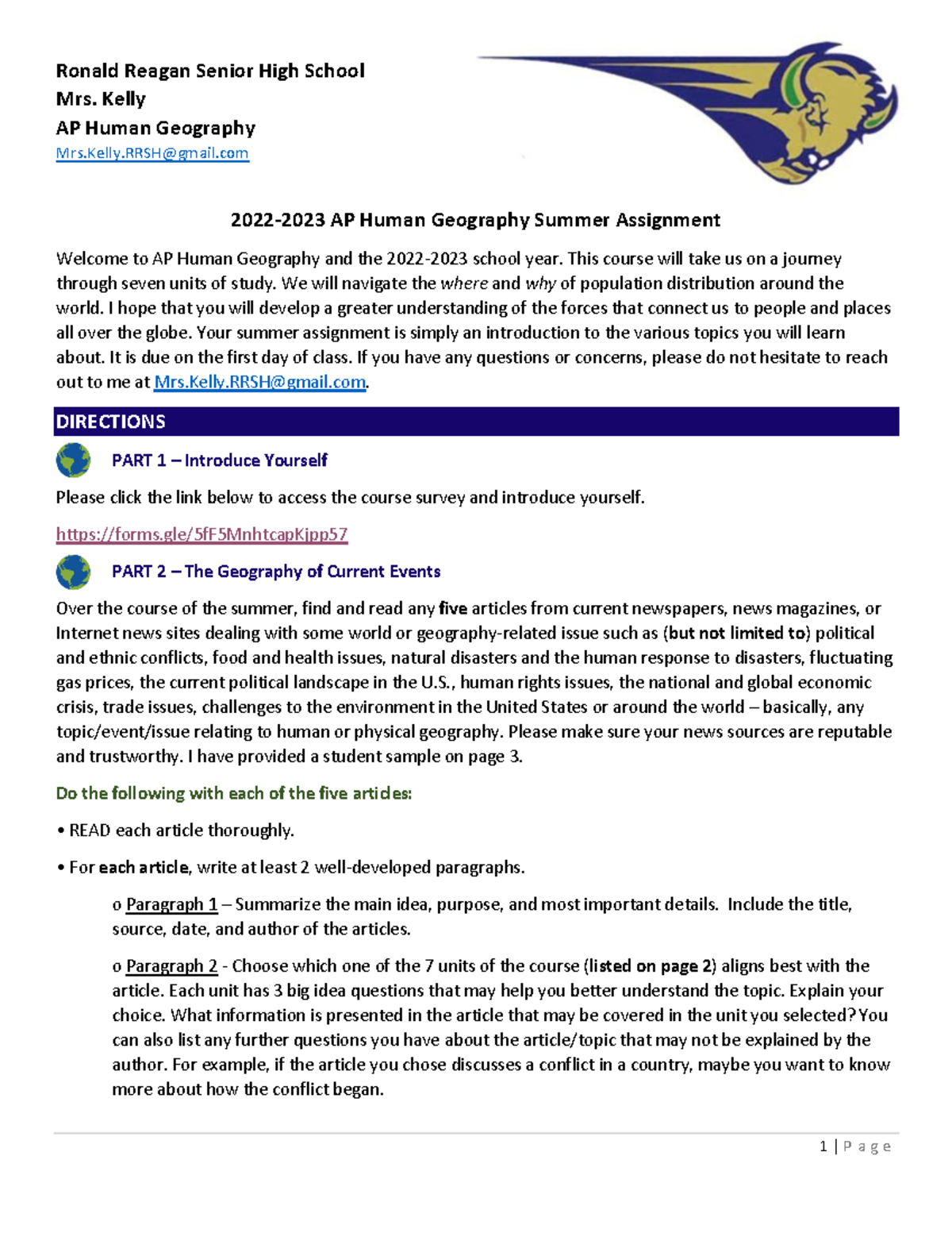 AP Human Geography Summer Assignment - 1 | P a g e Ronald Reagan Senior High School Mrs. Kelly ...