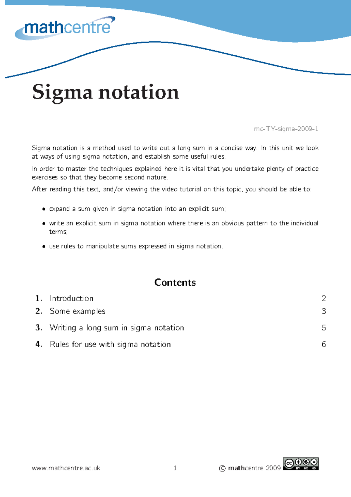 Week 1c Sigma - Lecture - Sigma notation mc-TY-sigma-2009- Sigma ...
