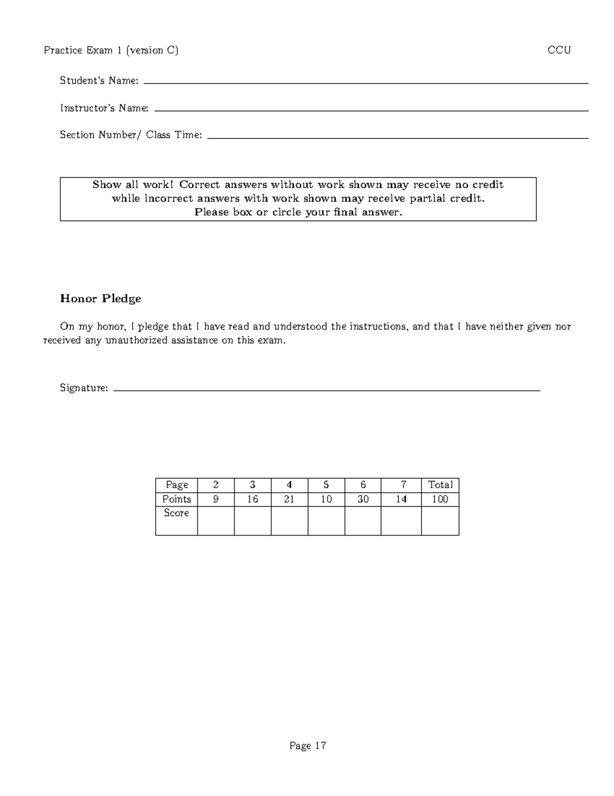 6. Math 133 Practice Exams 1C Solutions - Student’s Name: Instructor’s ...