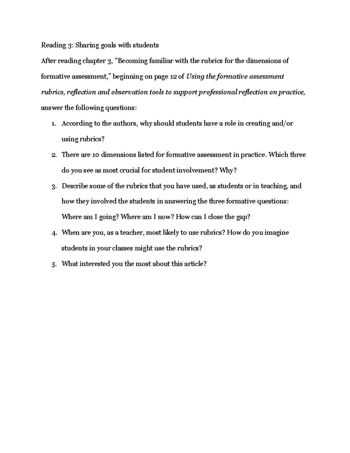 Reading 3-Question Sheet-1 - Reading 3: Sharing goals with students ...