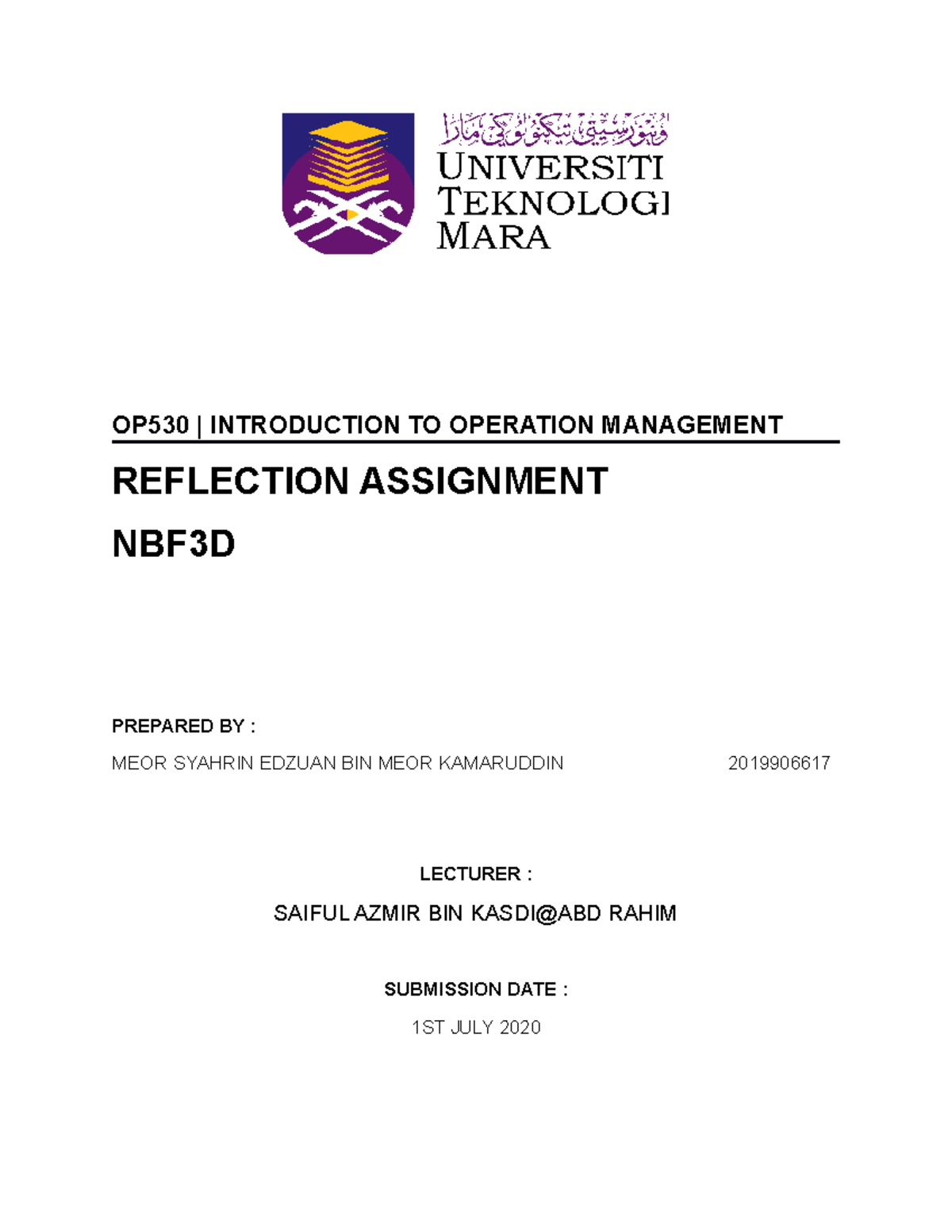 Reflection Paper - Covid-19 - OP530 | INTRODUCTION TO OPERATION ...