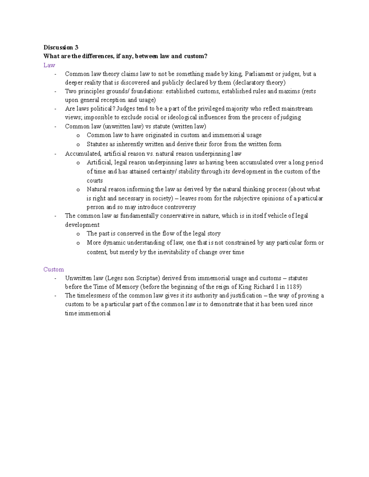 Week 3 tutorial work - Discussion 3 What are the differences, if any, between law and custom ...