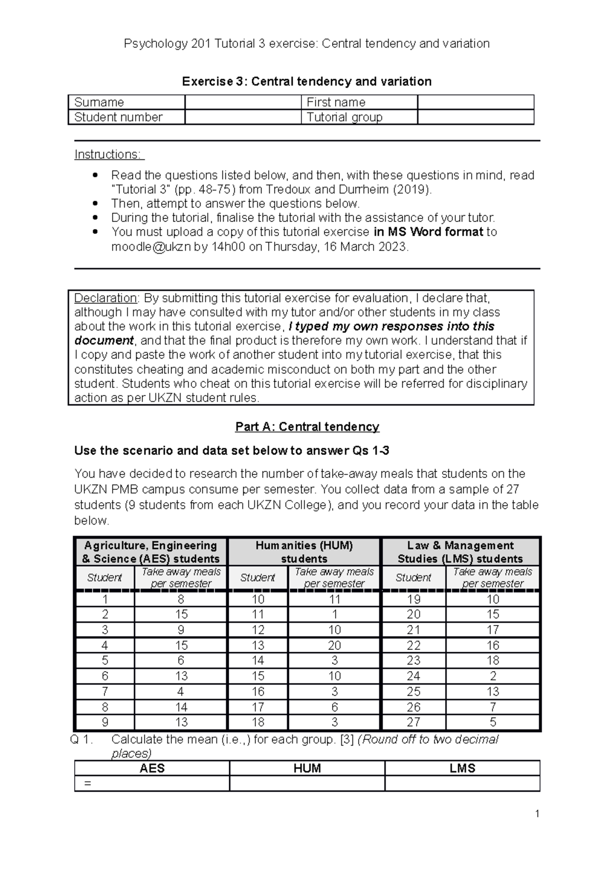 Exercise 3 Variability Central tendency - Exercise 3: Central tendency ...