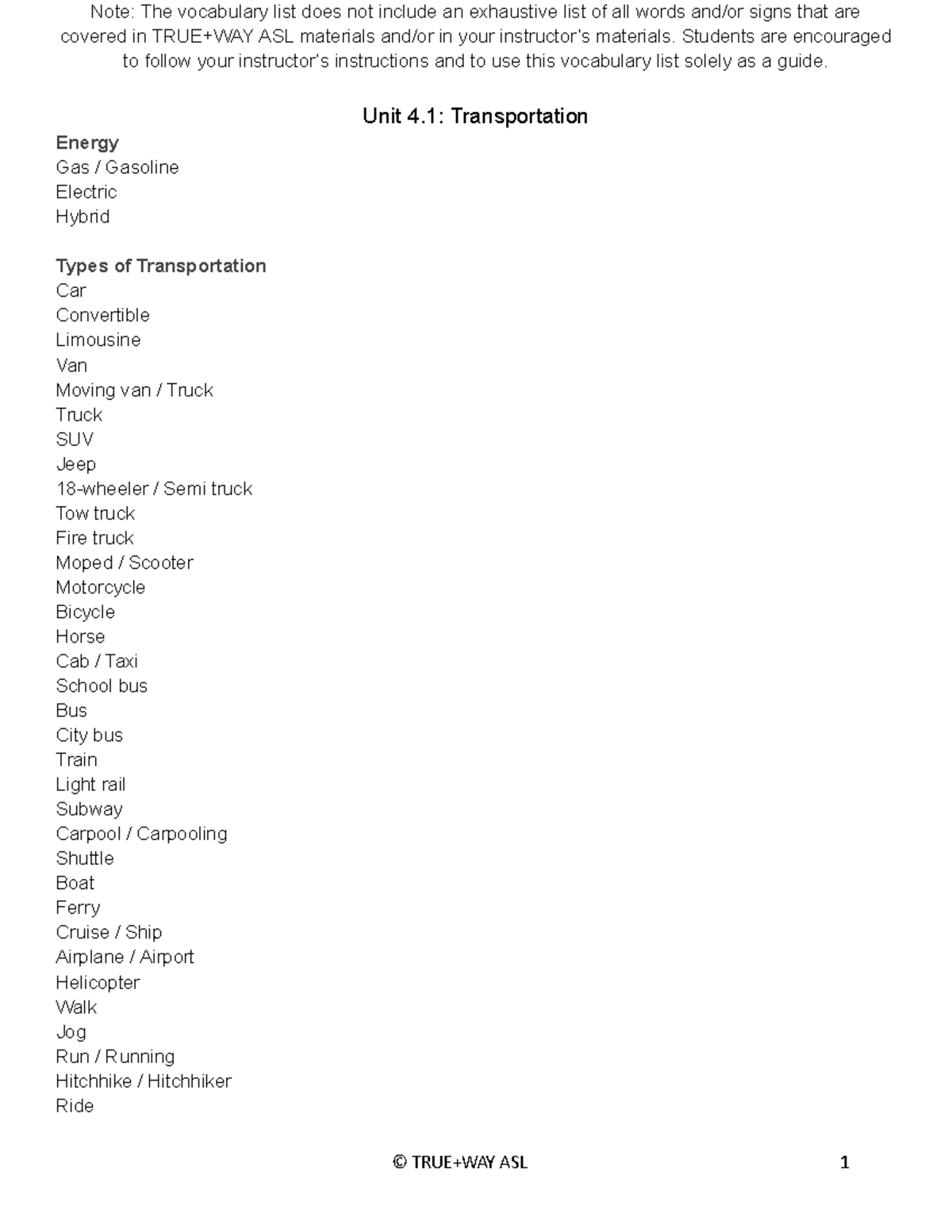 ASL YEAR 1 - Unit 4.1-4.4 Vocabulary List - Note: The vocabulary list ...