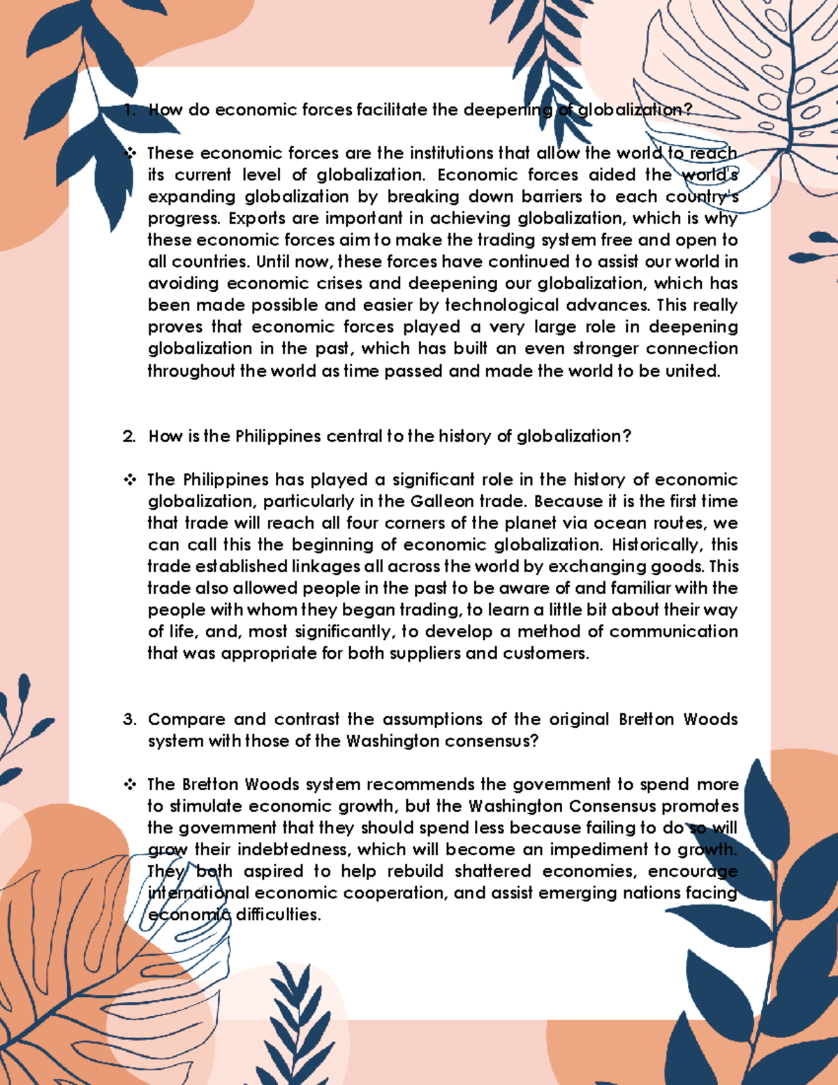 1st quiz prelim - bnmmm - How do economic forces facilitate the ...