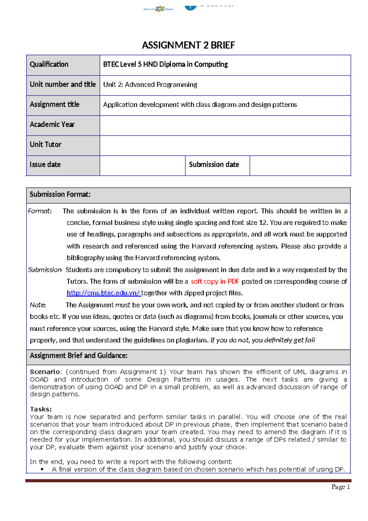 Unit 20 - Assignment brief 2 - Page 1 ASSIGNMENT 2 BRIEF Qualification BTEC Level 5 HND Diploma ...