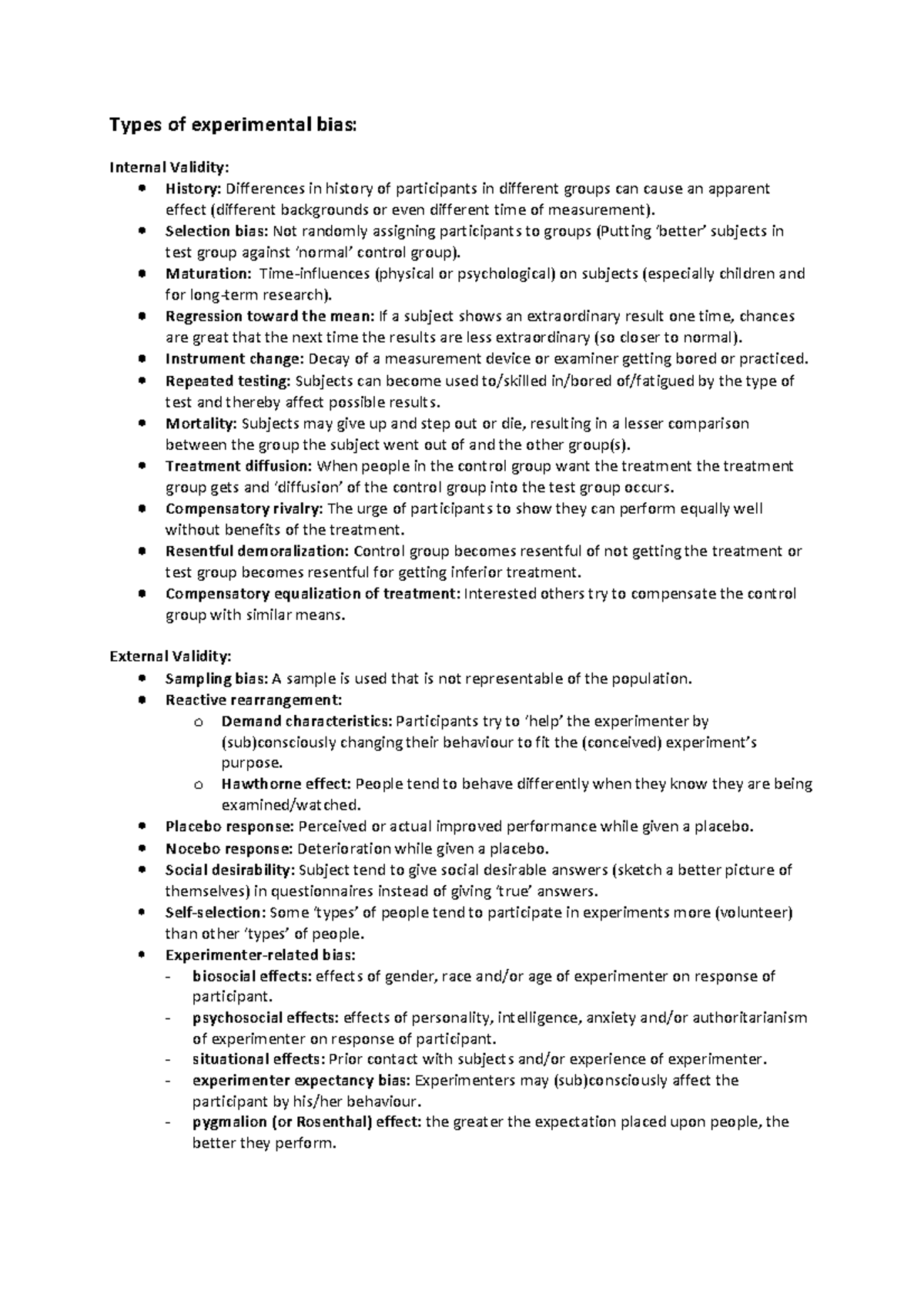 Summary Experimental designs, statistics & the Human: lectures - Types ...