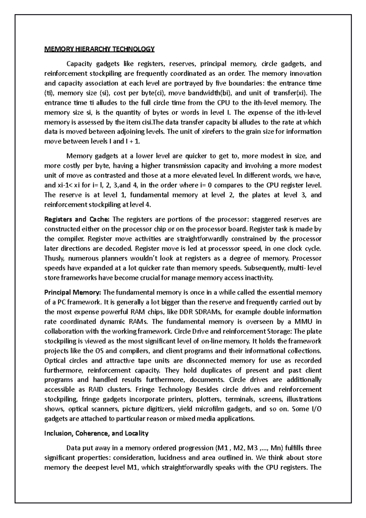 Memory Hierarchy Technology Memory Hierarchy Technology Capacity Gadgets Like Registers 