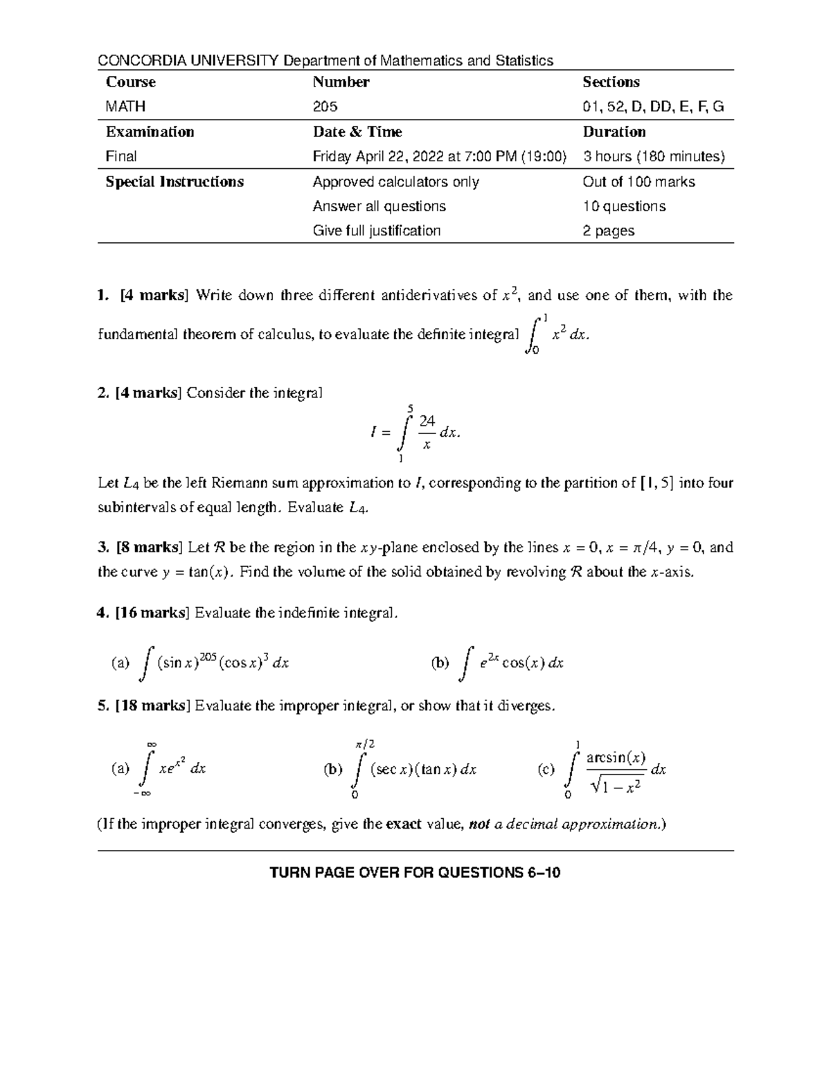 Math205 Exam Review - CONCORDIA UNIVERSITY Department of Mathematics ...