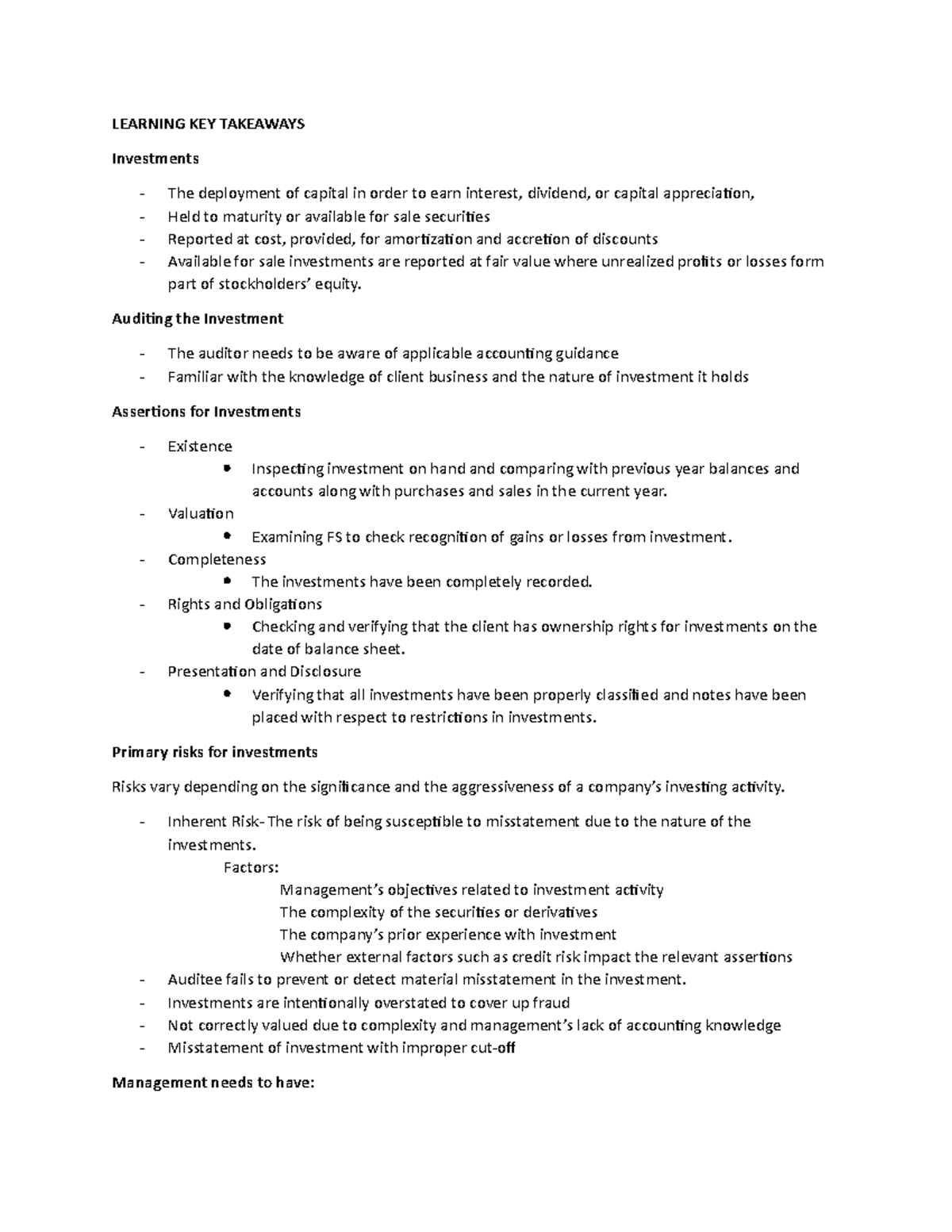 Learning KEY Takeaways - LEARNING KEY TAKEAWAYS Investments The ...