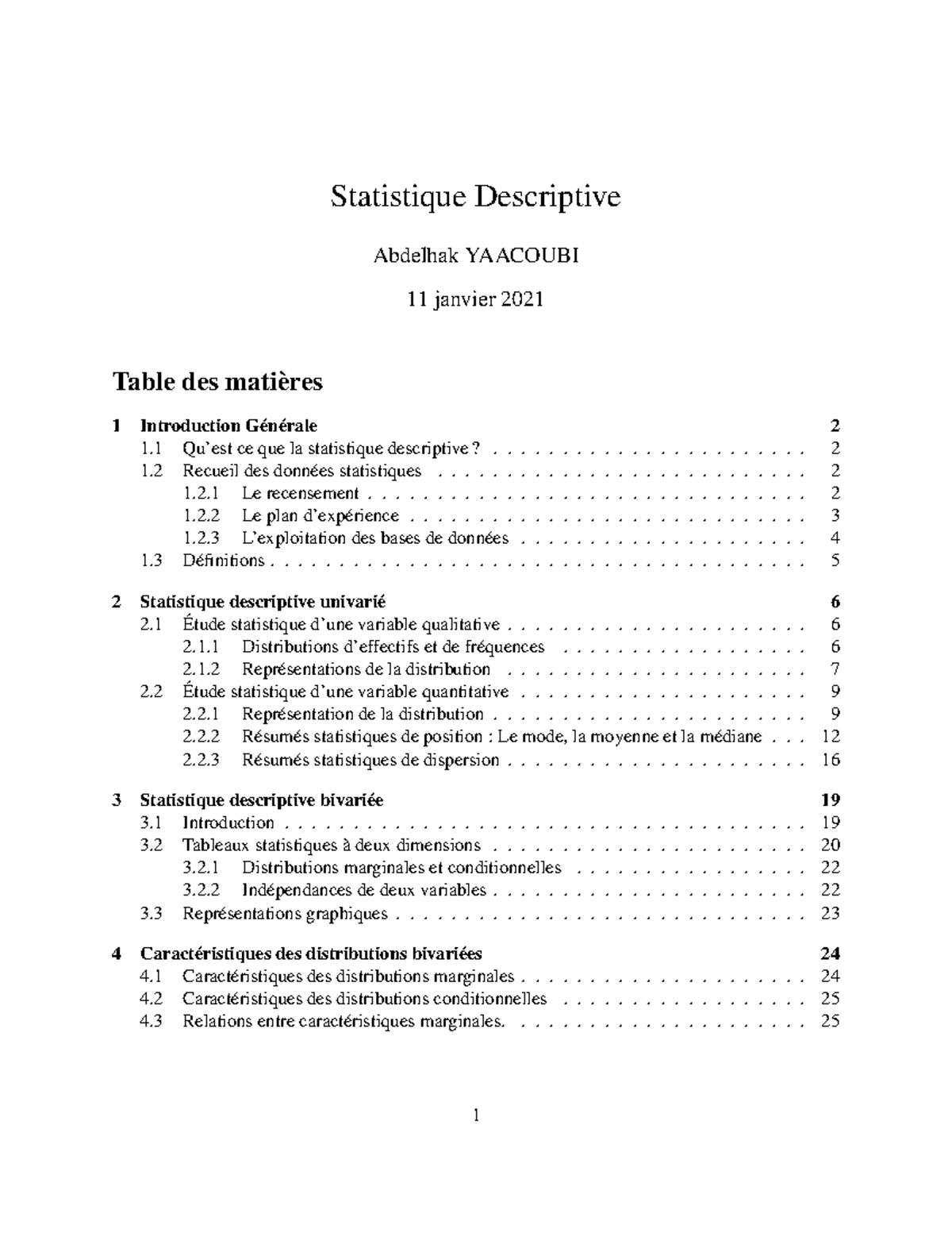 Chap 1 stats prof yaacoubi - Statistique Descriptive - 11 janvier Abdelhak YAACOUBI 1 ...