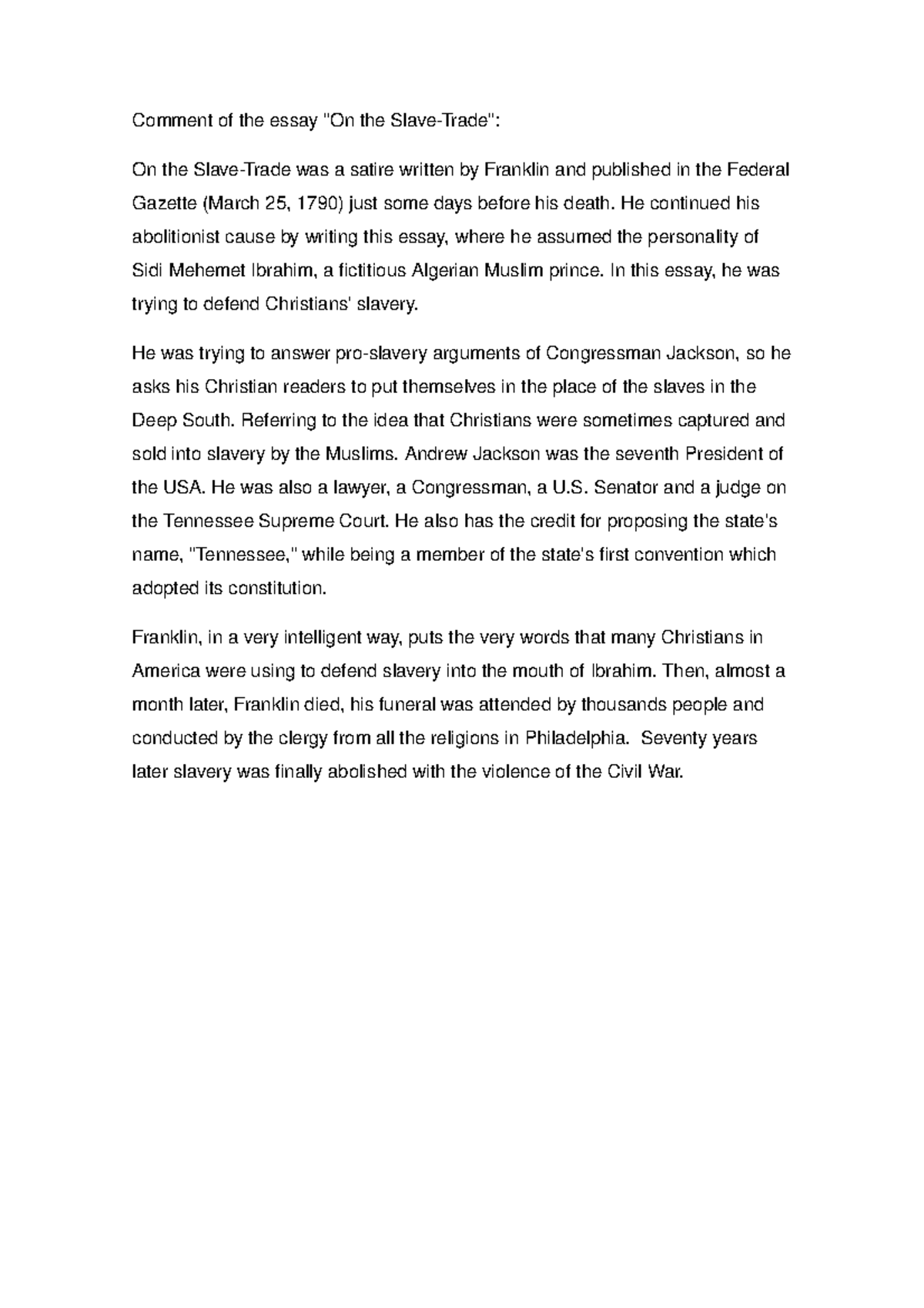 On the Slave Trade - Comment of the essay the On the was a satire ...