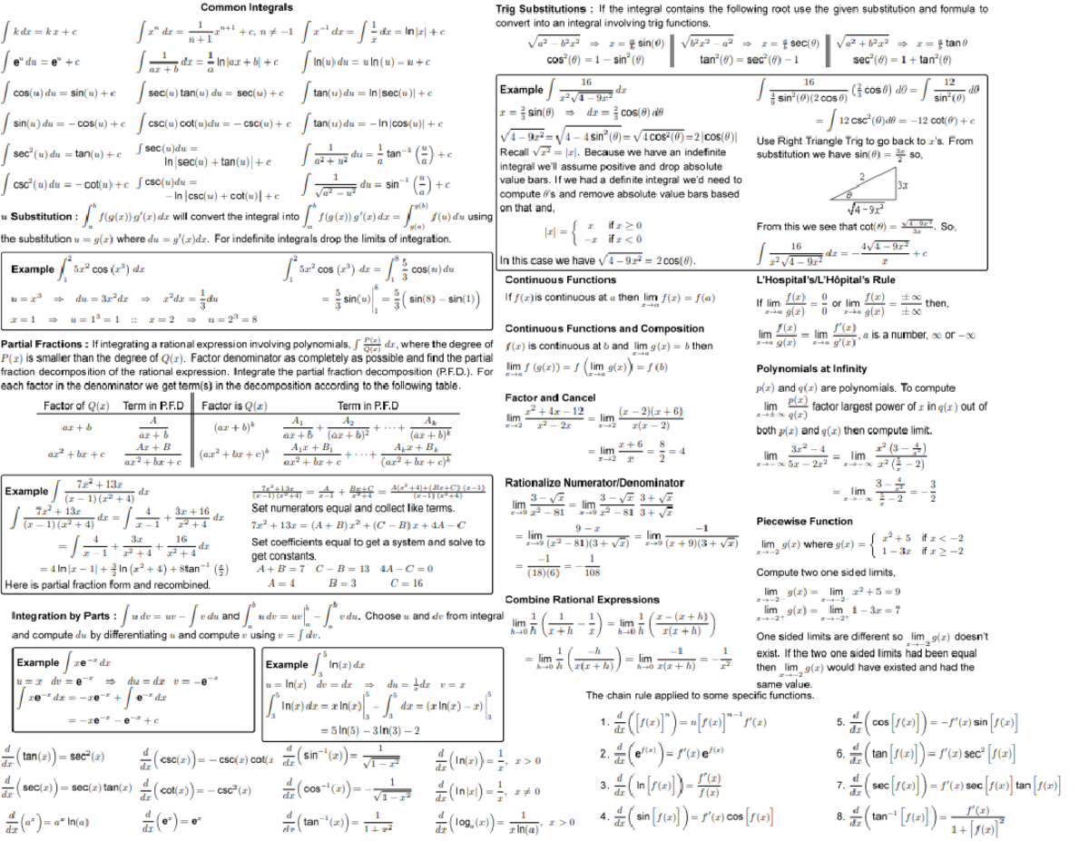 Calc Cheatsheet - Common Integrals Trig Substitutions : If the integral ...