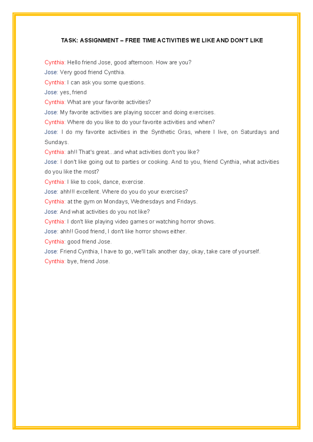 Week 15 - Task -Assignment – Free time activities we like and dont like ...