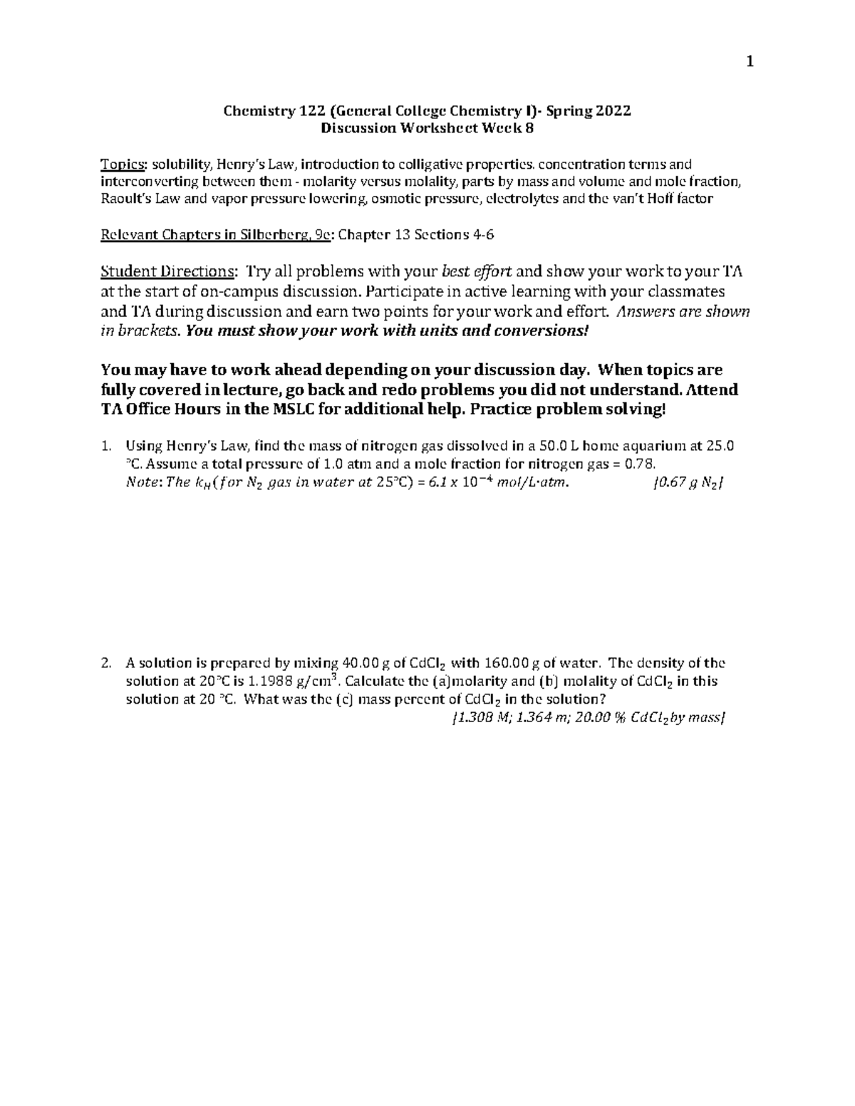 Chem 122 Discussion worksheet week 8 Spring 2022 - 1 Chemistry 122 ...