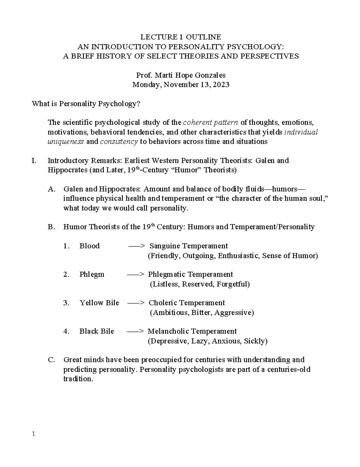 Lecture 1 Outline - LECTURE 1 OUTLINE AN INTRODUCTION TO PERSONALITY PSYCHOLOGY: A BRIEF HISTORY ...