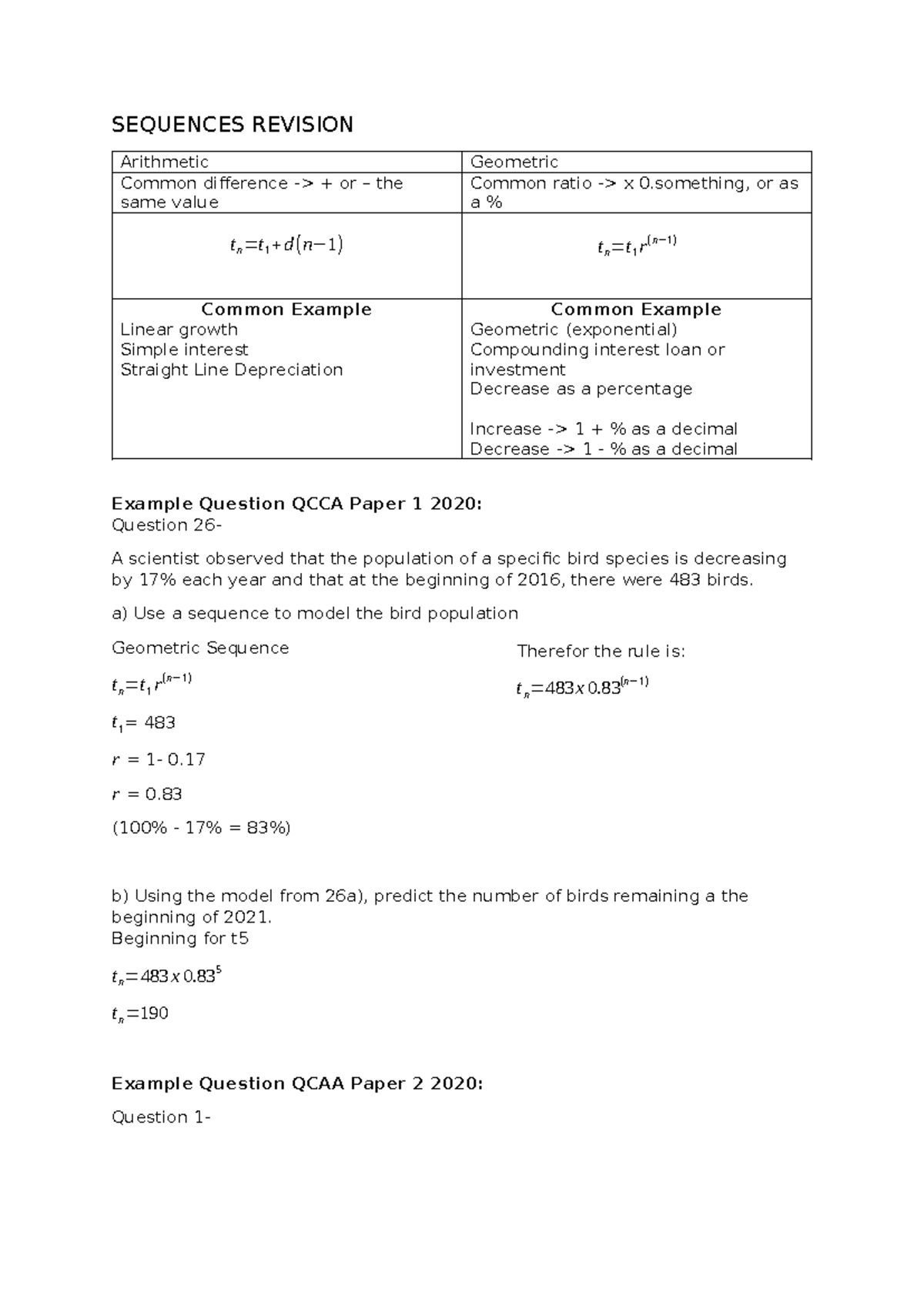 Sequences (Arithmetic and Geometric) - SEQUENCES REVISION Arithmetic ...