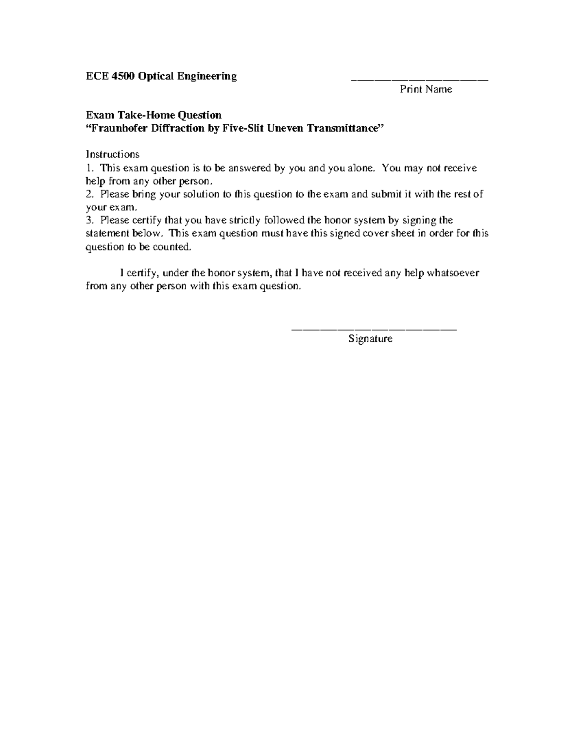 Test 2 - Take Home Problem - ECE 4500 Optical Engineering ...