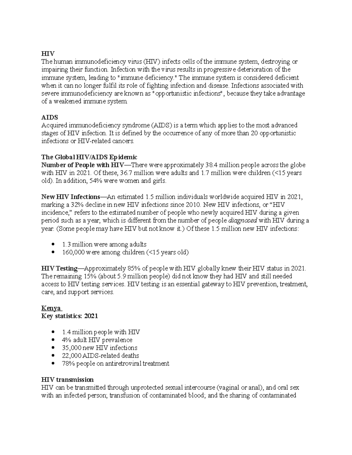 HIV Notes - HIV The human immunodeficiency virus (HIV) infects cells of ...