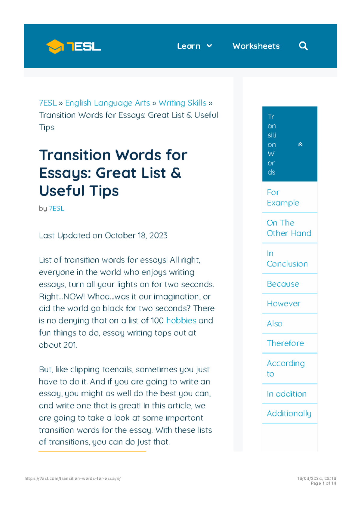 Transition Words for Essays- Great List & Useful Tips • 7ESL - 7ESL ...