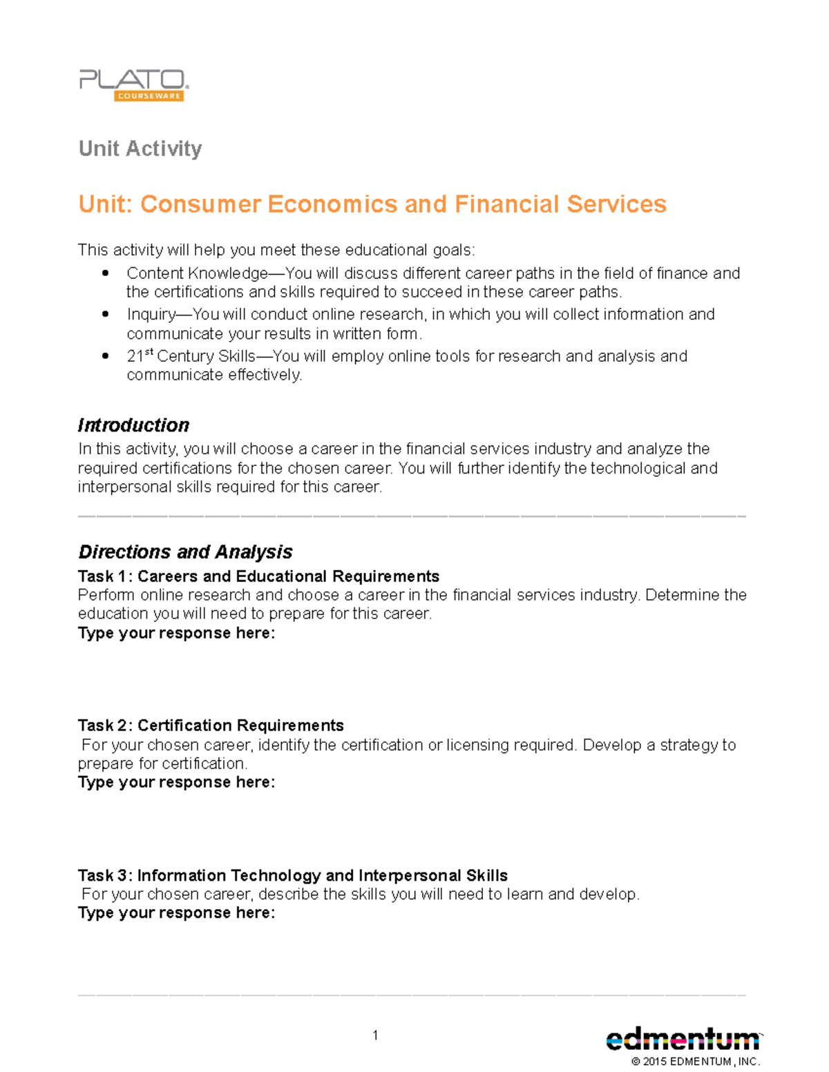 Consumer Economics and Financial Services UA - Unit Activity Unit ...