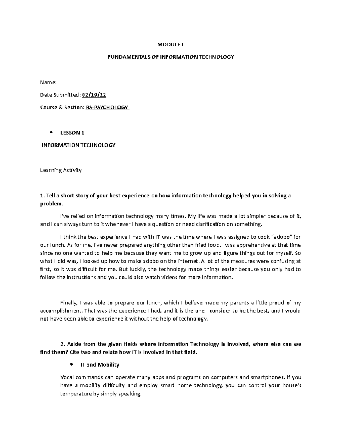 Fundamentals OF Information Technology - MODULE I FUNDAMENTALS OF ...