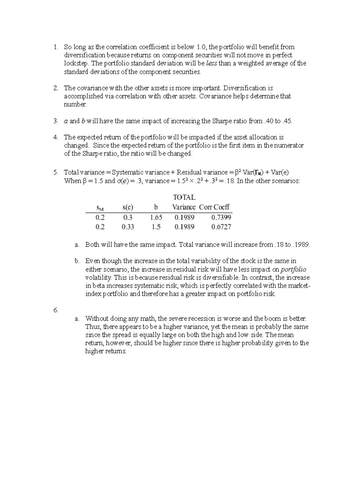 Chapter 6 Answer - Capital Asset Pricing - So long as the correlation ...