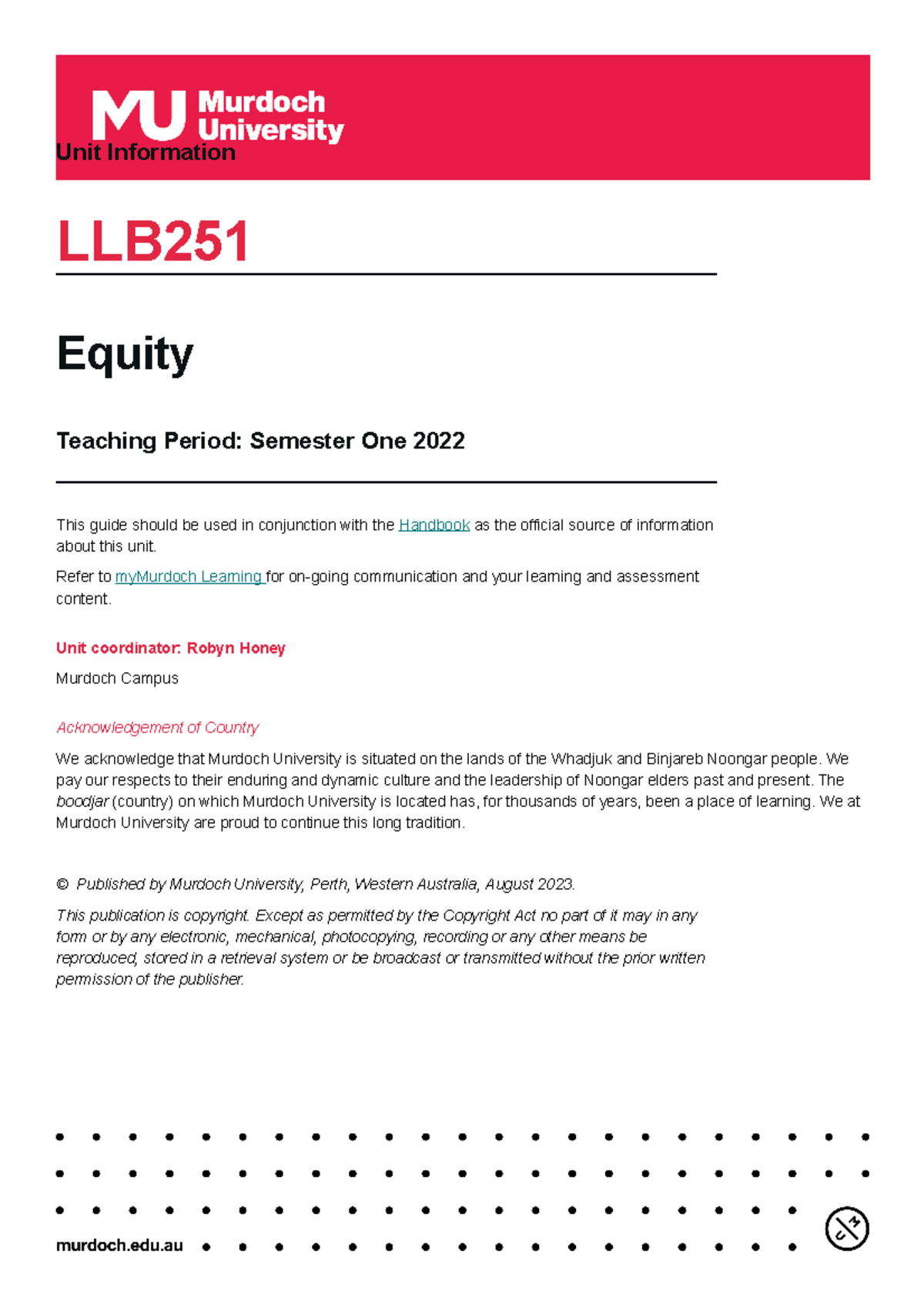 LLB251 Unit Information S1 2023 - Unit Information LLB Equity Teaching ...