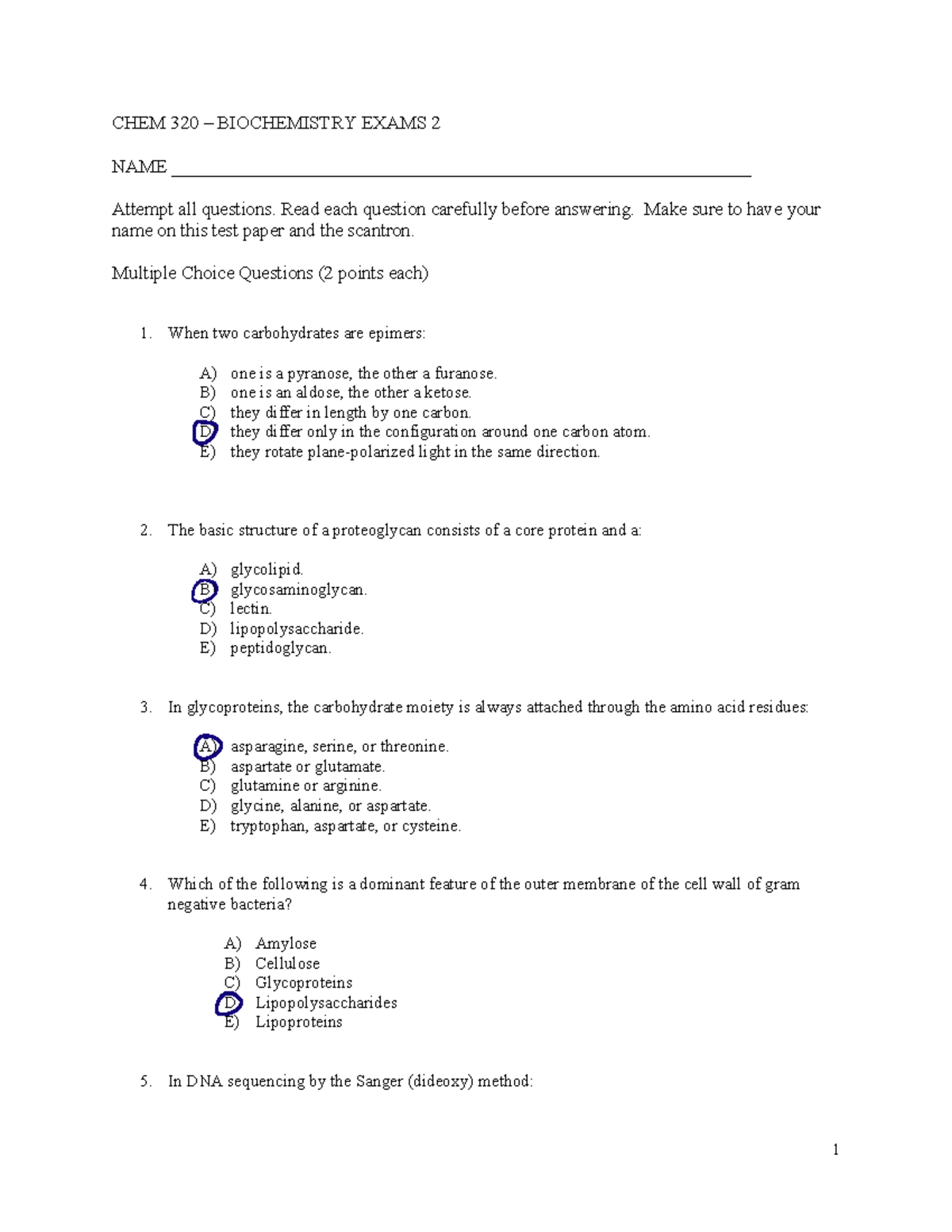 Biochemistry practice exam - CHEM 320 – BIOCHEMISTRY EXAMS 2 NAME - Studocu