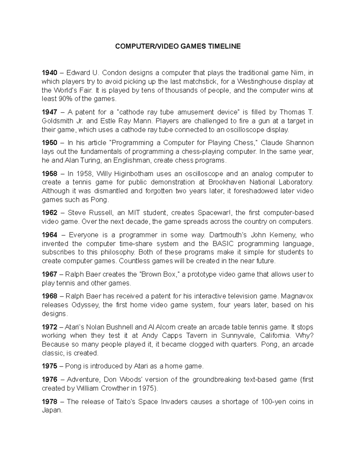 Computer Videogames Timeline and Future of Games and the Gaming ...