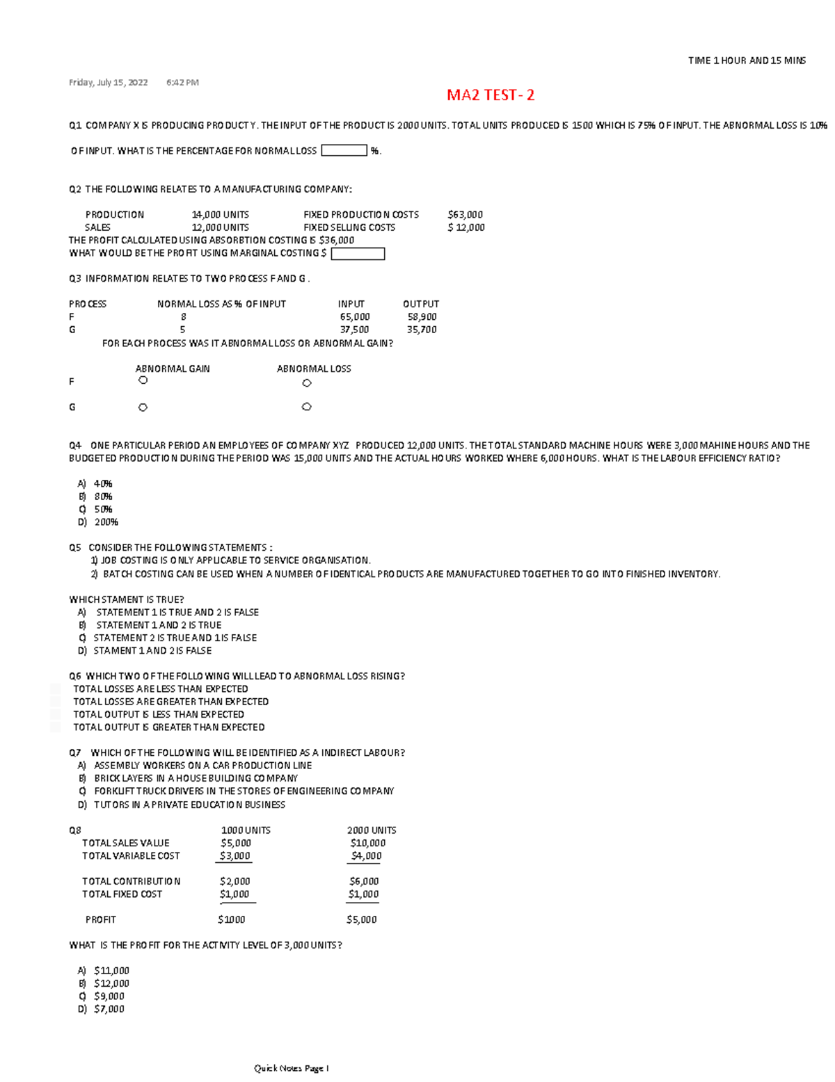 MA2 TEST 2 - Acca AccA - MA2 TEST- 2 Q1 COMPANY X IS PRODUCING PRODUCT ...