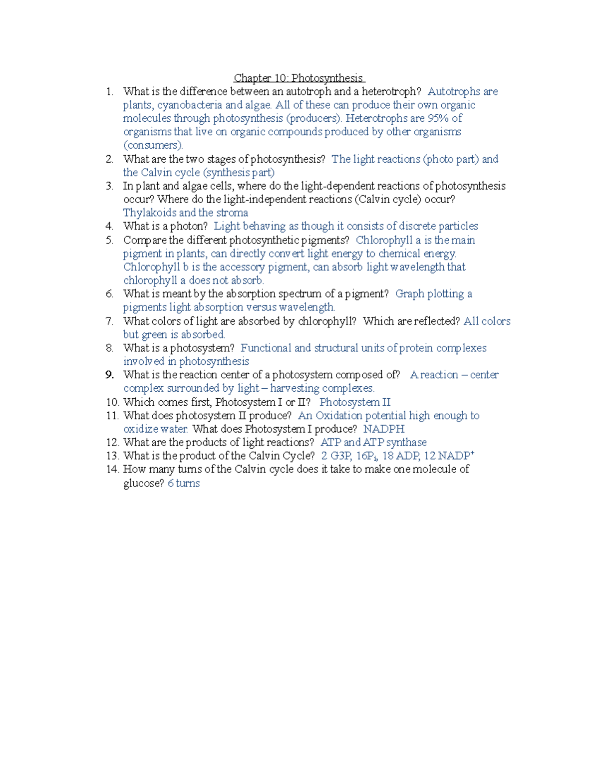 Bio chp. 10 review - Chapter 10: Photosynthesis What is the difference ...